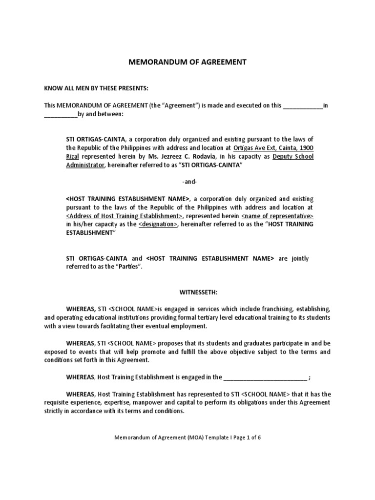 H - Memorandum of Agreement (MOA) Template | PDF | Indemnity | Legal ...