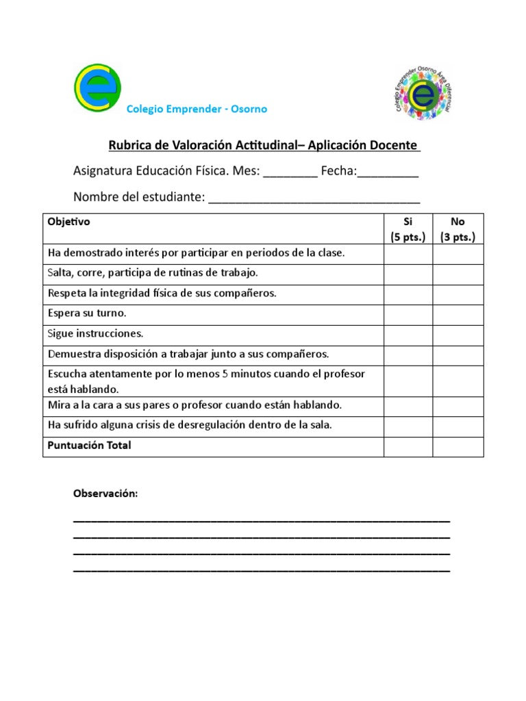 Rubrica Valoracion Aptitudinal Educacion Fisica | PDF