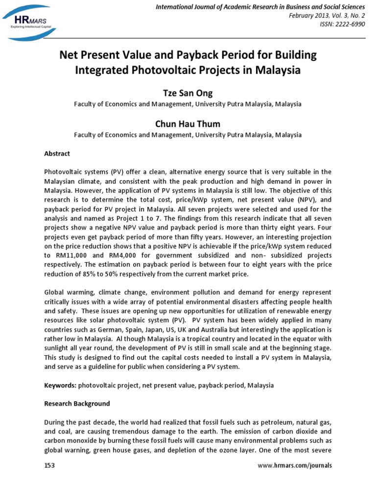 Net Present Value and Payback Period For Building Integrated Photovoltaic Projects in Malaysia ...