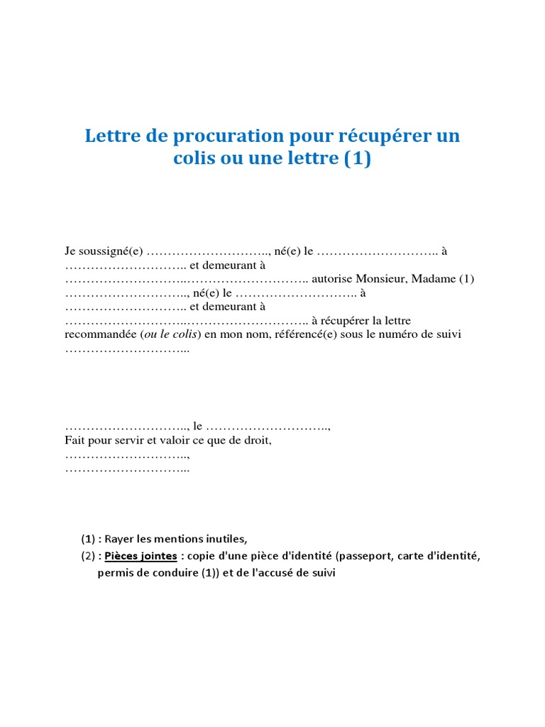 Modele Procuration Pour Un Colis Ou Une Lettre | PDF