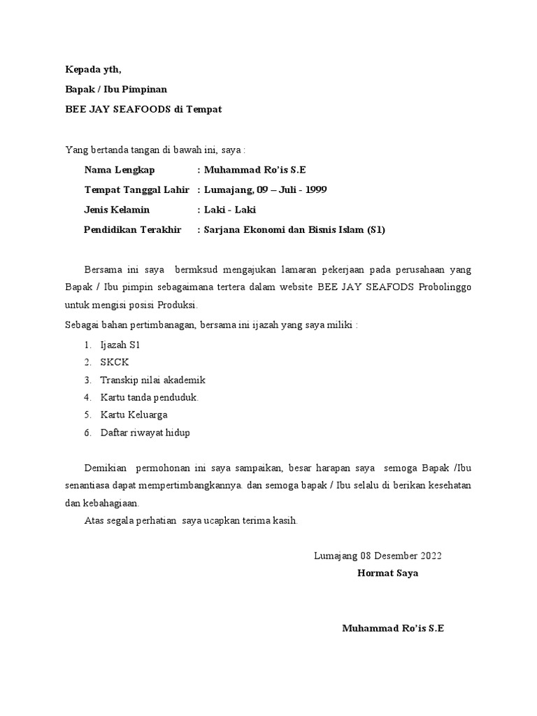 Lamaran Kerja di Bee Jay Seafoods | PDF