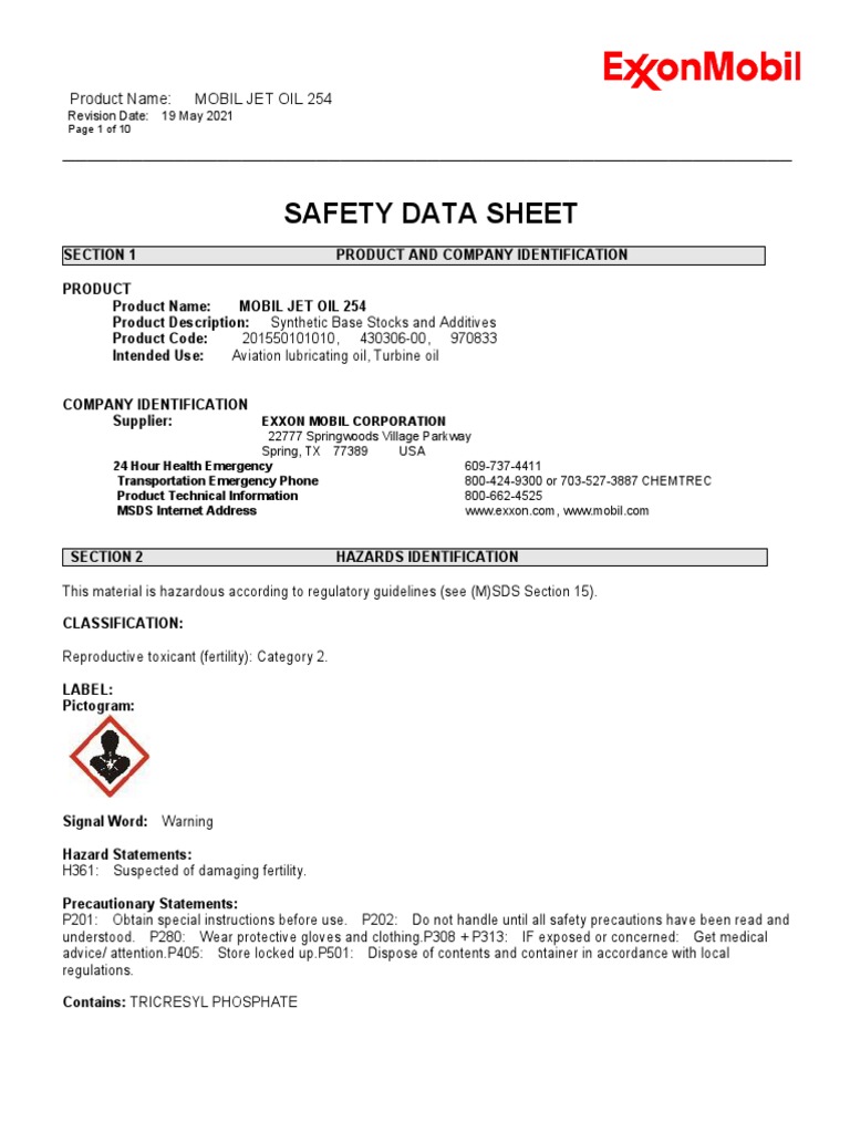 Mobil Jet Oil 254 Safety Data Sheet | PDF | Firefighting | Fires