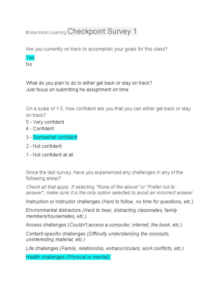 © Macmillan Learning Checkpoint Survey 1 | PDF | Concept | Lecture