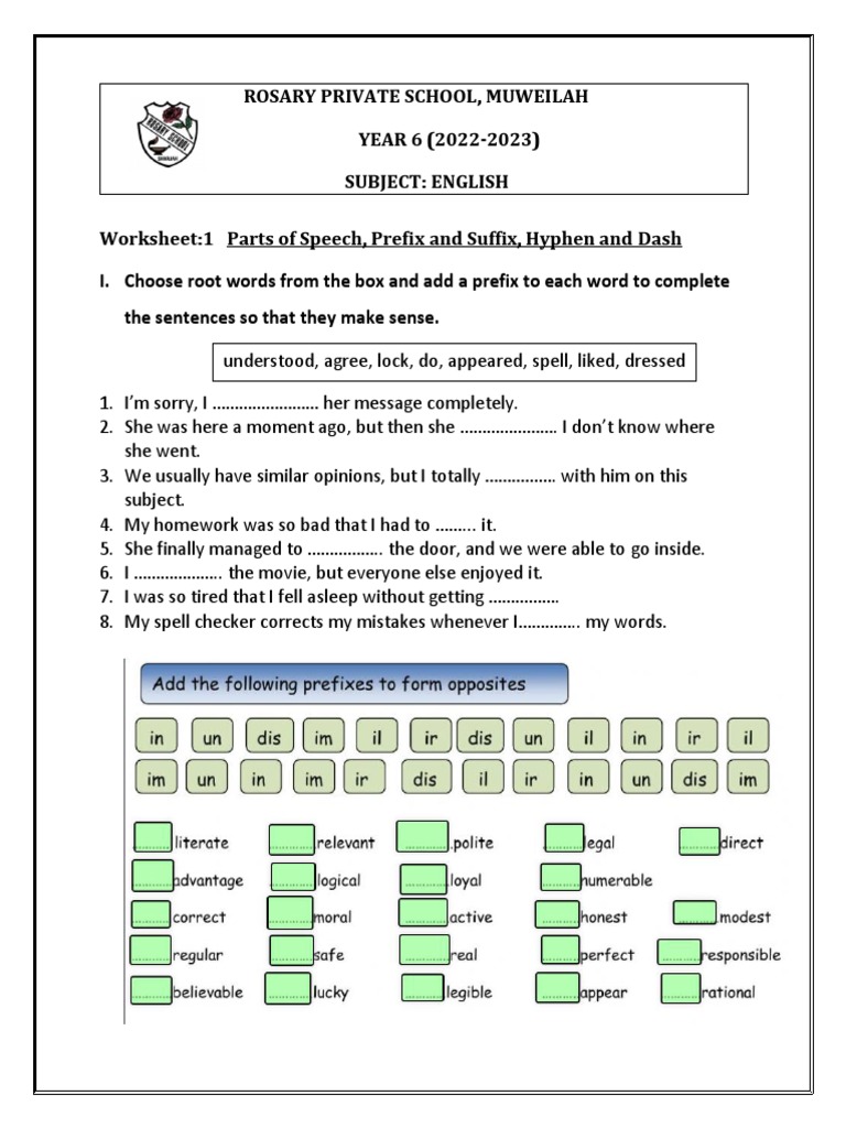 Worksheet For Parts of Speech, Prefixes and Suffixes and Hyphen and ...
