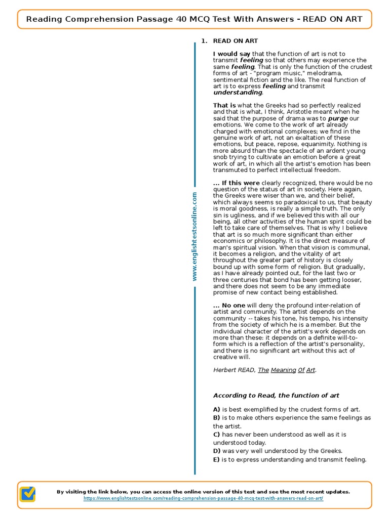 610 Reading Comprehension Passage 40 MCQ Test With Answers Read | PDF ...