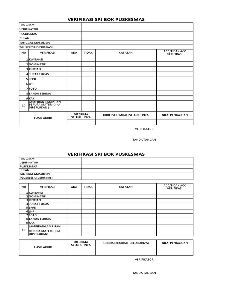 Verifikasi SPJ BOK Puskesmas | PDF