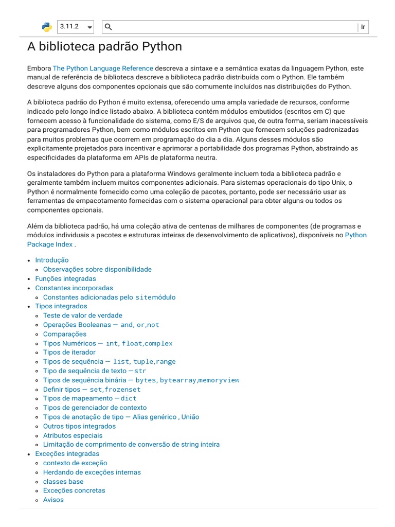 A Biblioteca Padrão Do Python Documentação Do Python 3112 Download Grátis Pdf Python 