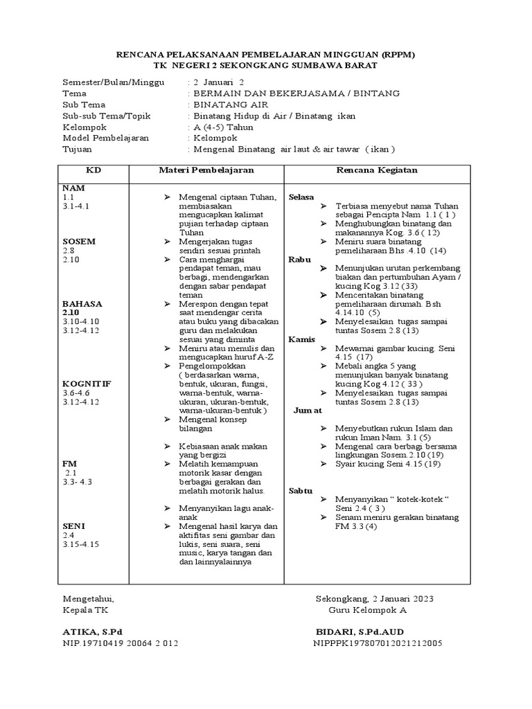 RPPM-RPPH Binatang Air | PDF | Seni & Disiplin Bahasa | Kajian Bahasa Asing