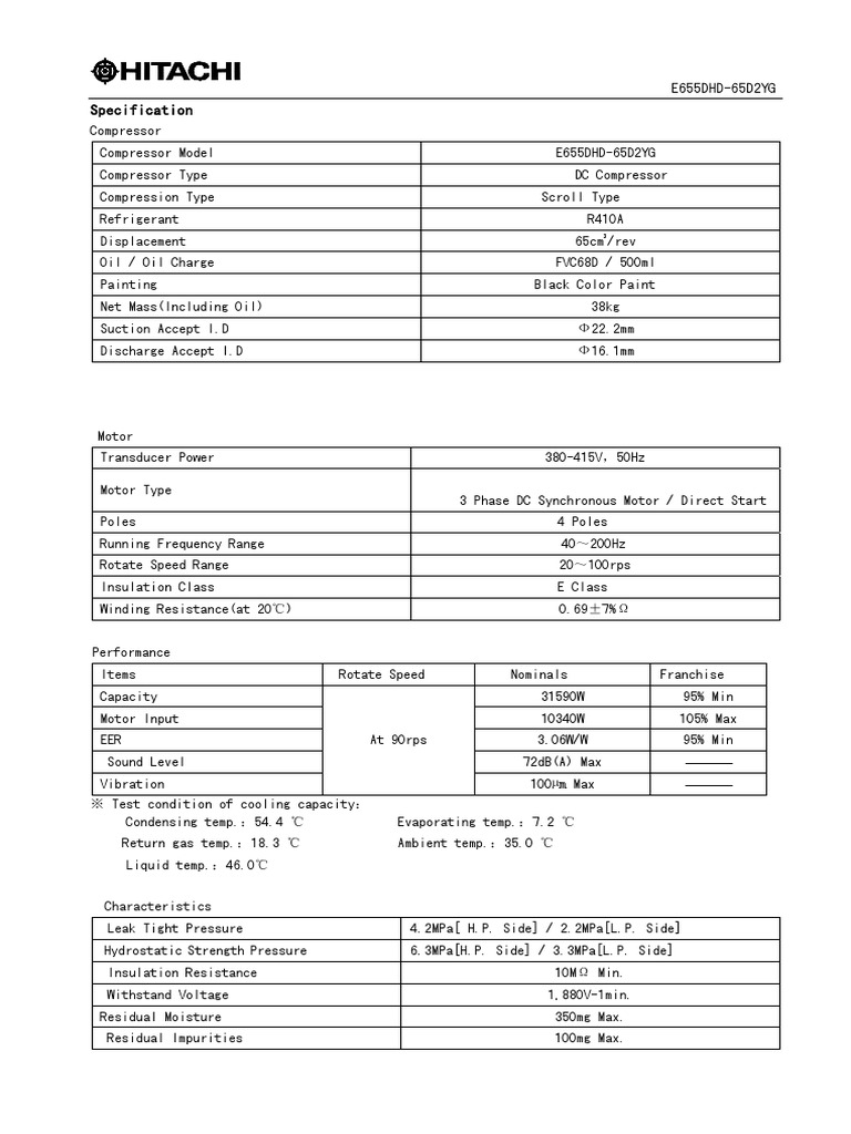 Data Sheet compressor-Hitachi-E655DHD-65D2YG | PDF | Electric Motor ...