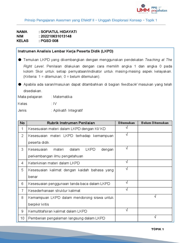 Instrumen Analisis Lembar Kerja Peserta Didik (LKPD) - SOFIATUL | PDF