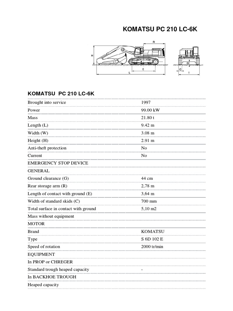 Komatsu PC 210 LC-6K Specifications | PDF | Technology & Engineering