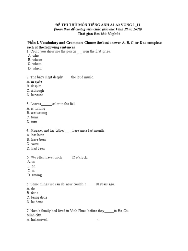 De Thi Thu Trinh Do A1 A2 - 11 - Vinhphuc 2020-Co Dap An Word | PDF | Association Football | Sports