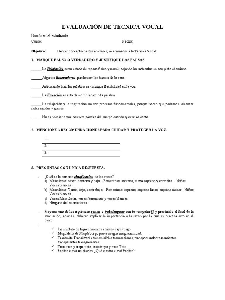 Evaluación Técnica Vocal | PDF