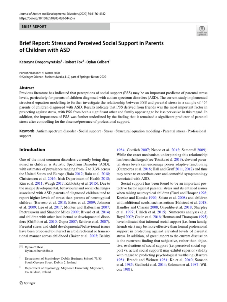 Brief Report Stress and Perceived Social Support in Parents | PDF | Autism Spectrum | Standard ...