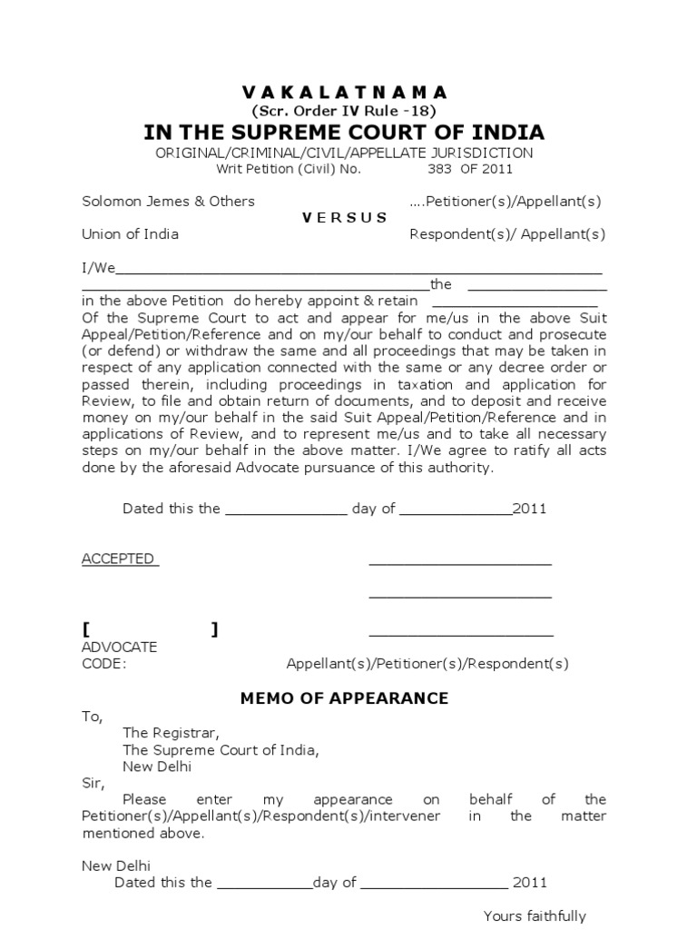 Supreme Court Vakalatnama Template | PDF