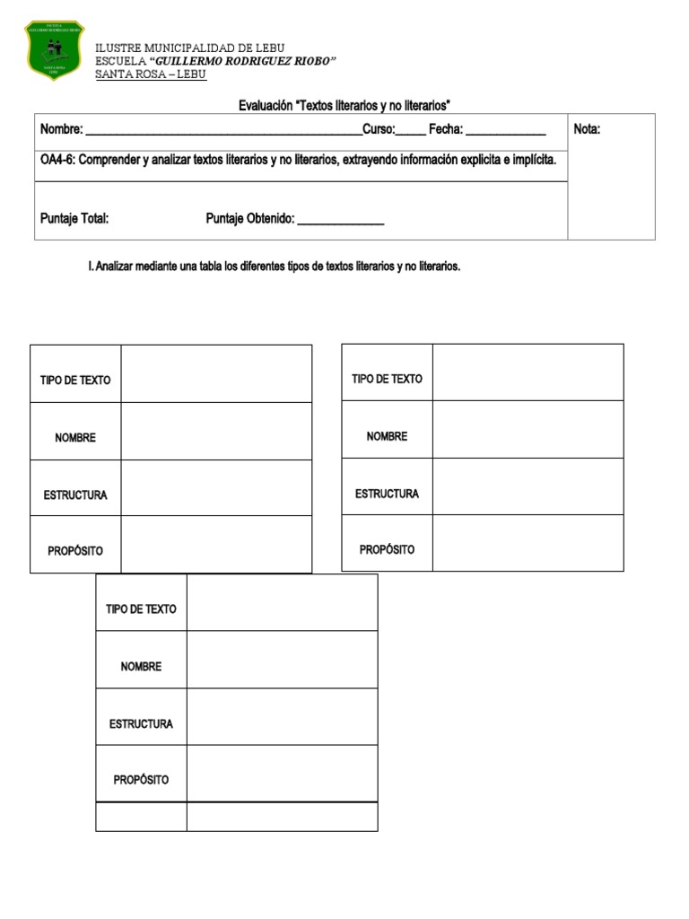 Evaluación de Textos en Escuela Rodríguez Riobo | PDF | Cuentos | Fábula