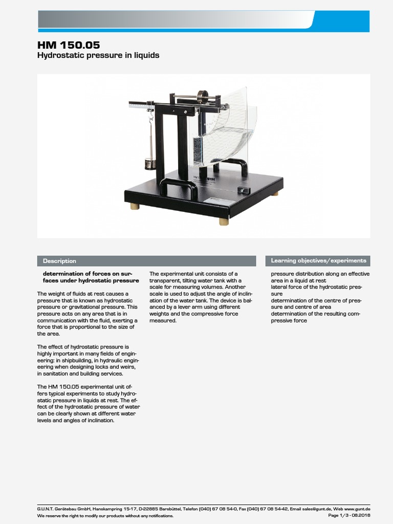 HM 150.05 Hydrostatic Pressure in Liquids Gunt 552 PDF - 1 - en GB | PDF | Pressure | Weight