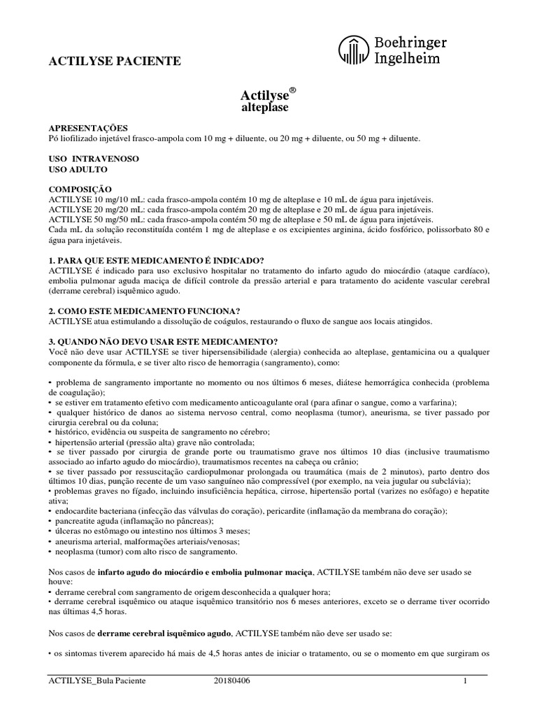 Actilyse Bula Profissional | PDF | AVC | Infarto do Miocárdio