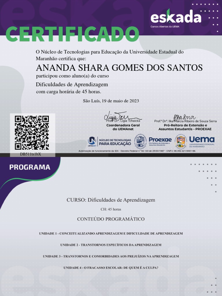 Certificado Eskada Dificuldades - Aprendizagem | PDF