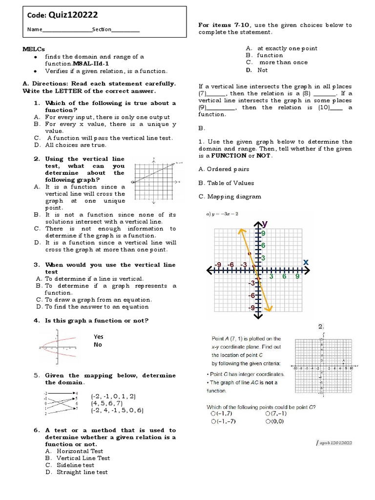 Quiz-Week 4-Q2-Domain, Range, Vertical Line Test | PDF | Function ...