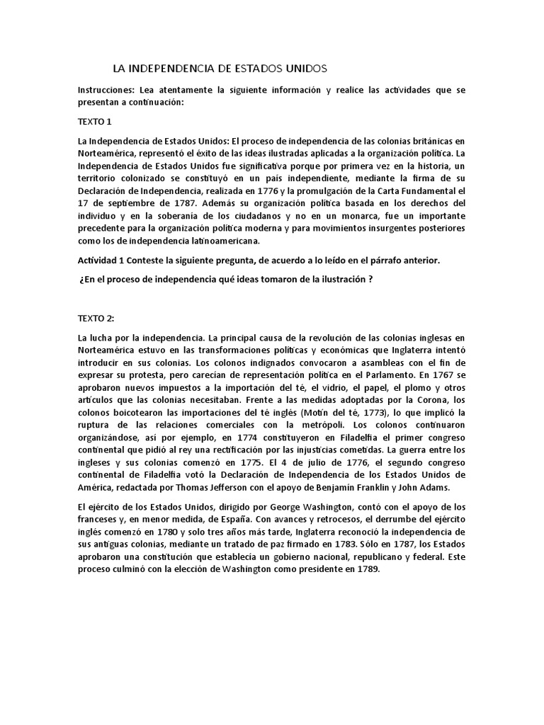 ACTIVIDAD CALIFICADA LA INDEPENDENCIA DE LOS ESTADOS UNIDOS TERCER ANO ...