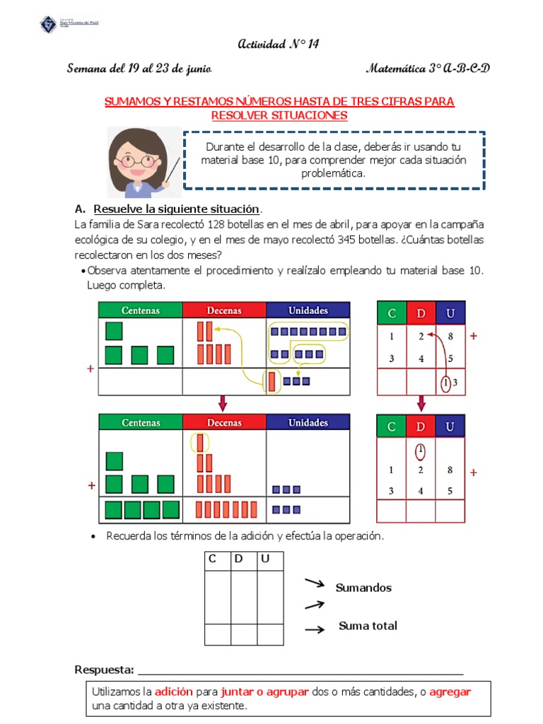Ficha 14 Sumamos y Restamos Numeros Hasta de Tres Cifras para Resolver Situaciones | PDF ...