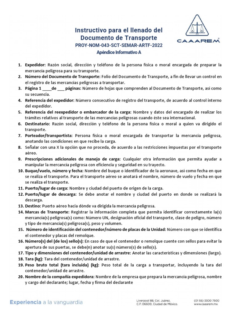 Instructivo de Llenado y Ejemplo Del Documento de Transporte | PDF ...