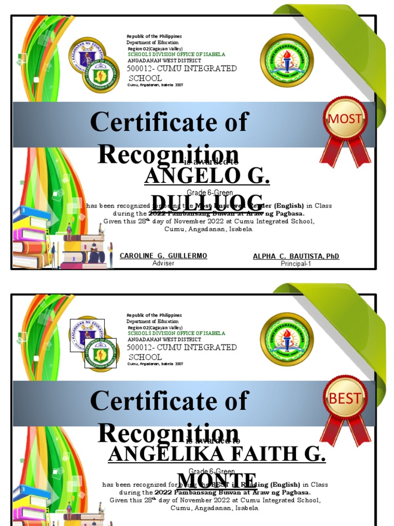Certificates of Recognition in Reading - 2022 - PBAP | PDF | Southeast ...