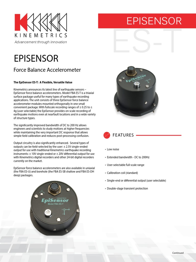 Datasheet Episensor Es T Force Balance Accelerometer Kinemetrics | PDF | Accelerometer | Electronics