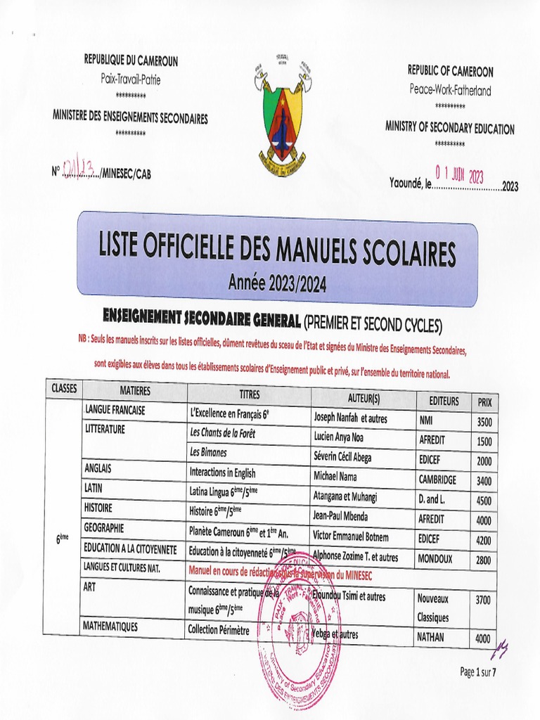 Liste Officielle Manuels Scolaires ESGF 2023-2024 | PDF