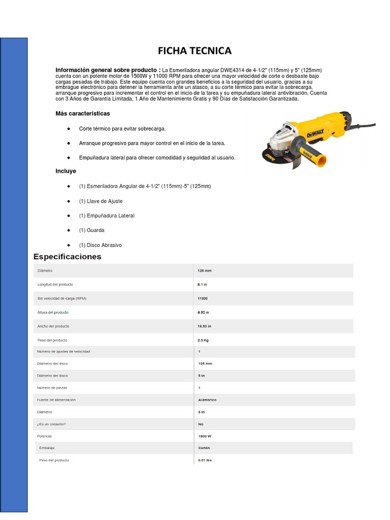 Ficha Tecnica Esmeril Angula Dewalt Dwe4314 | PDF
