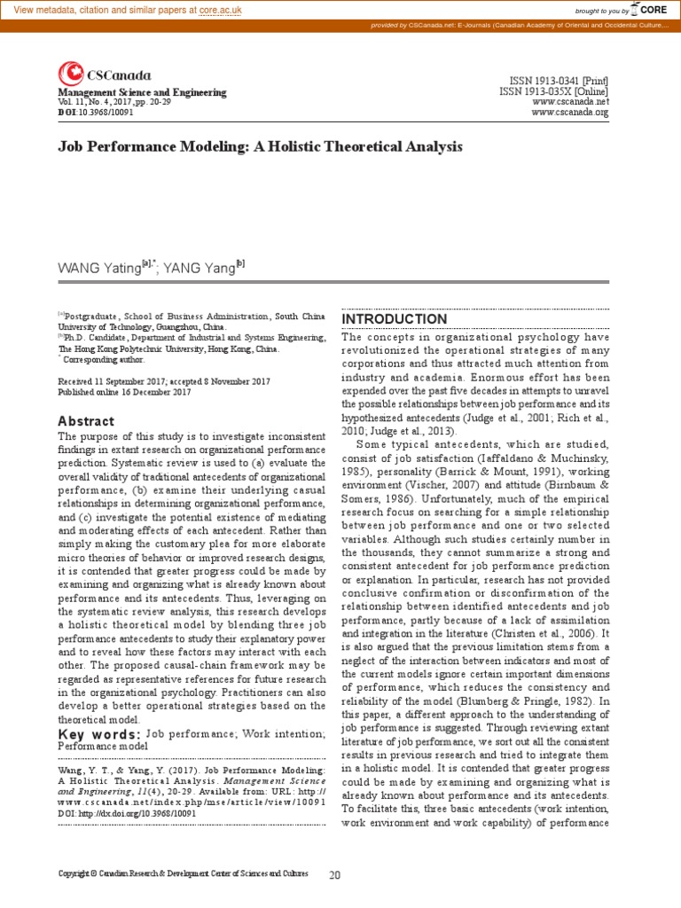 Job Performance Modeling: A Holistic Theoretical Analysis: WANG Yating YANG Yang | PDF | Job ...