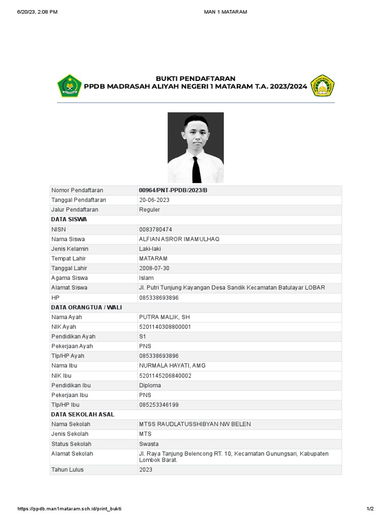 Bukti Daftar Man 1 Mataram | PDF