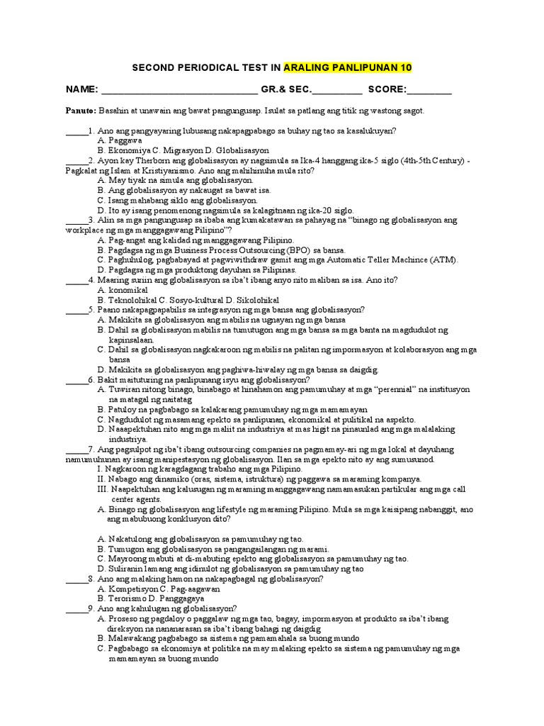 PT g10 Araling Panlipunan | PDF