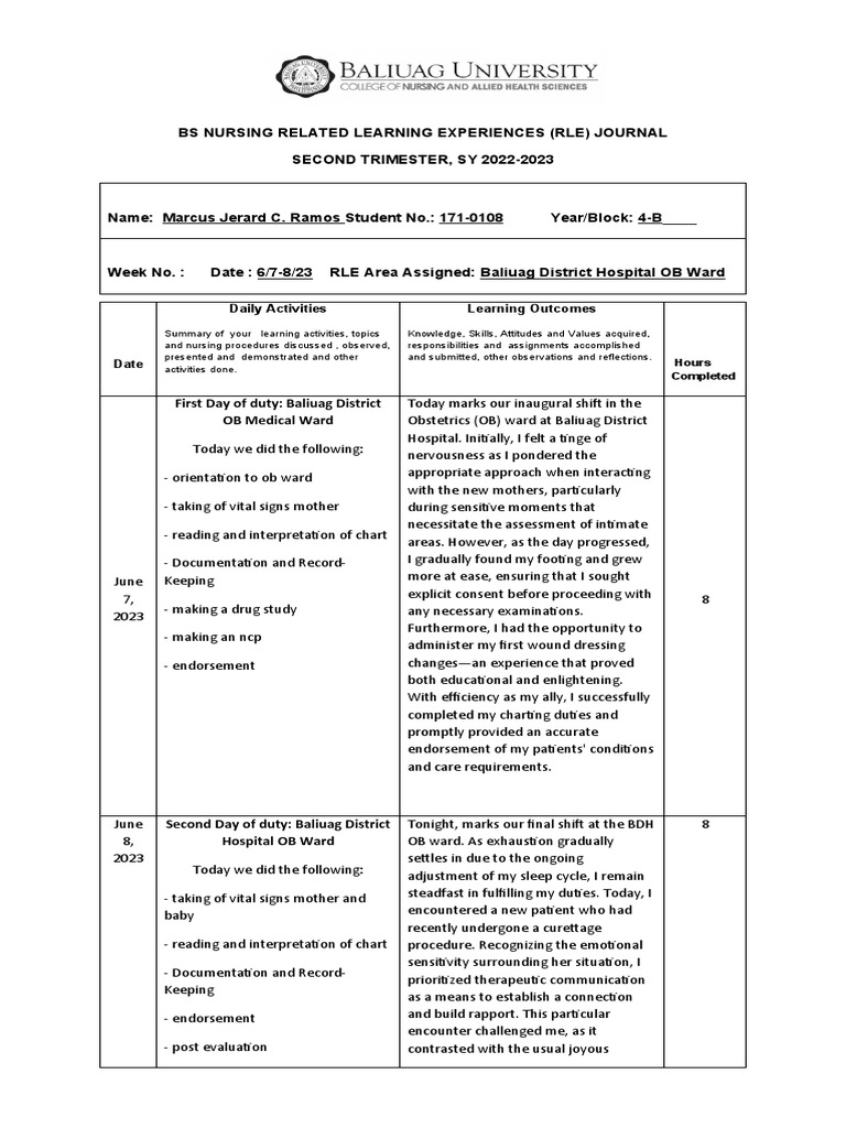 RLE JOURNAL - Night BDH OBWard - Ramos | PDF | Nursing | Learning