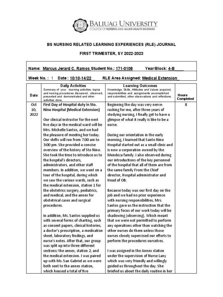 RLE JOURNAL - MEDEXT-Sto - Nino - Ramos | PDF | Nursing | Patient