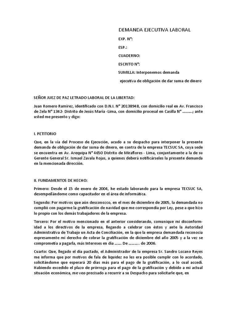 Modelo de Demanda Ejecutiva Laboral | PDF | Demanda judicial | Justicia
