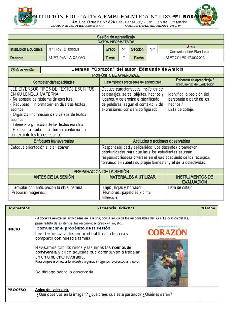 MIERCOLES 17 - PLAN LECTOR - OBRA CORAZÓN | PDF | Aprendizaje | Evaluación
