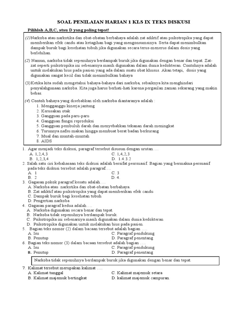 Soal Penilaian Harian 1 KLS Ix Teks Diskusi | PDF