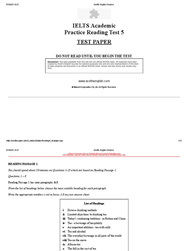 IELTS Academic Practice Reading Test 5 | PDF | Tea | Drink