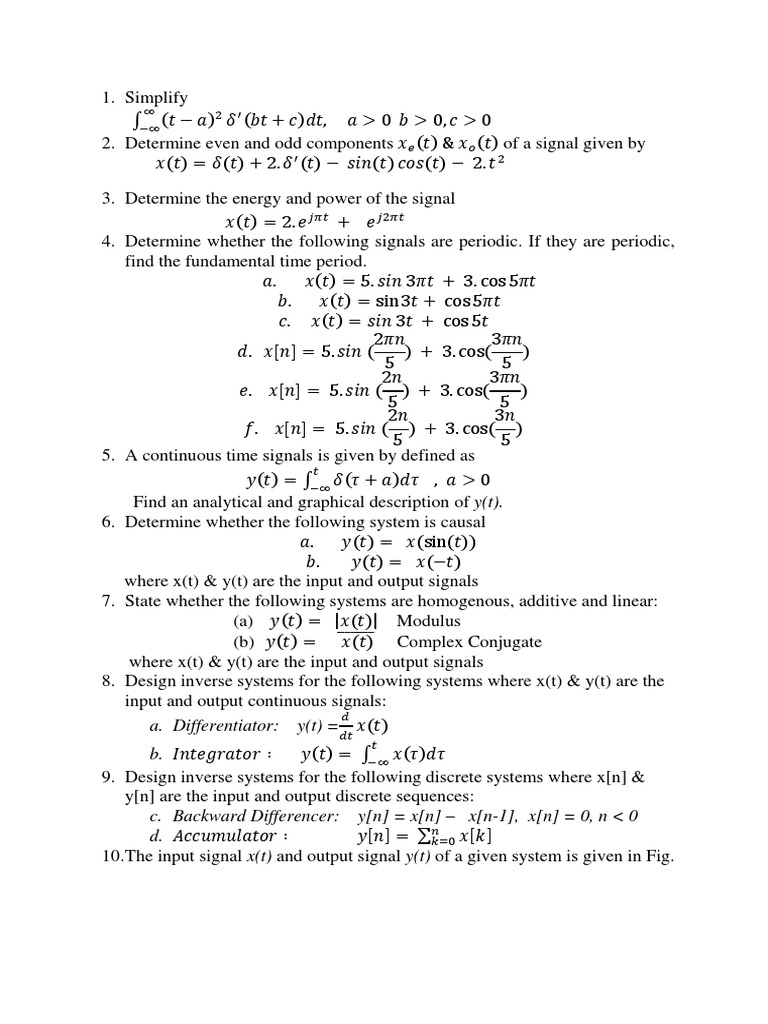 Tutorial Problems Mid Sem Sig&sys PDF | PDF | Mathematical Analysis | Telecommunications Engineering