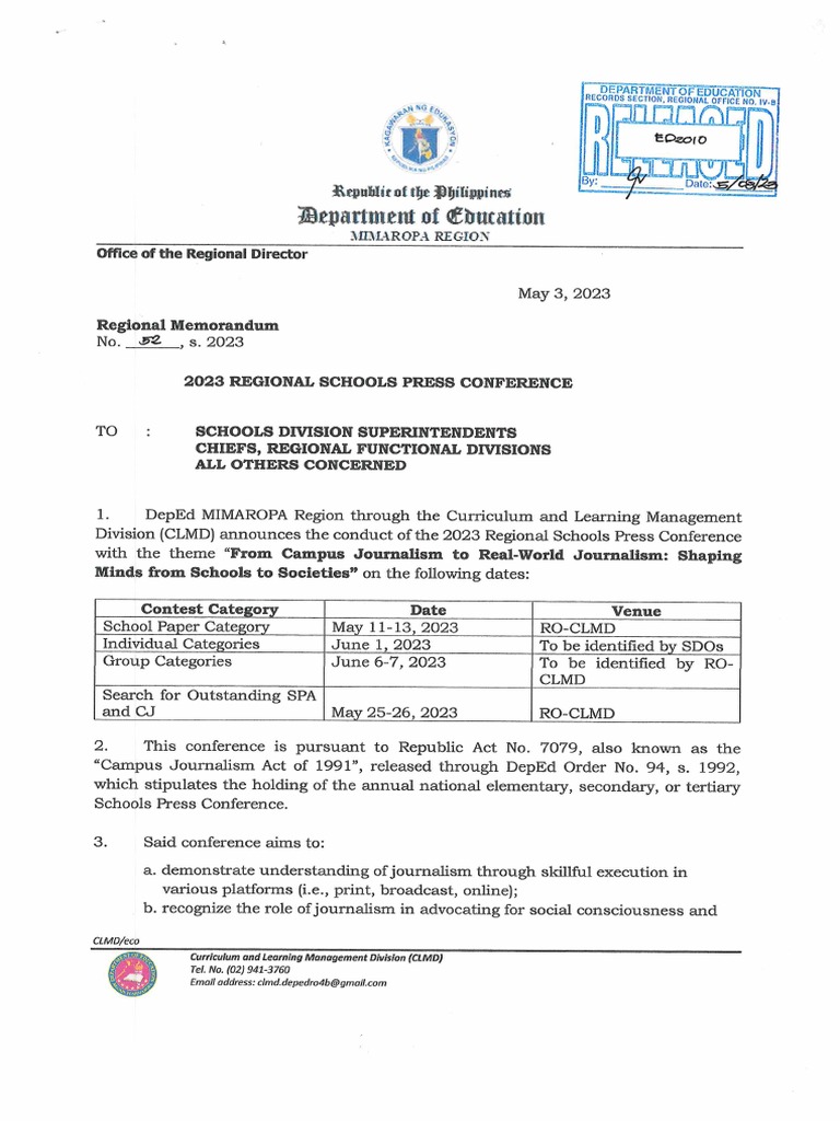 RM No. 52 s2023 Regional Schools Press Conference | PDF