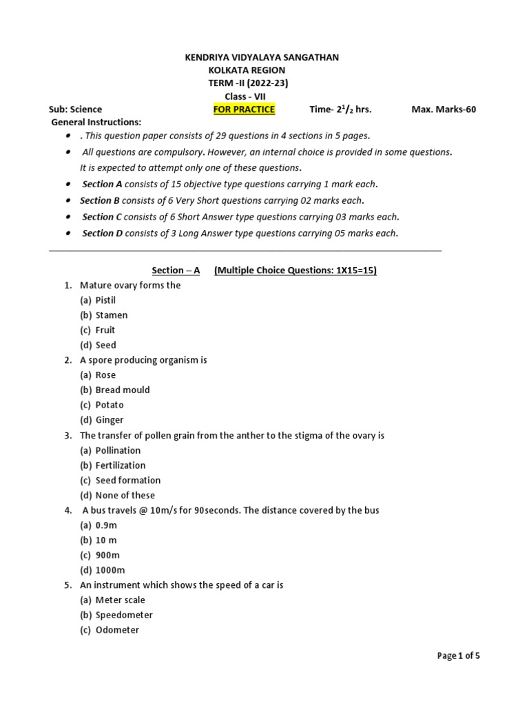 7-Science NCERT Practice Question paper | PDF