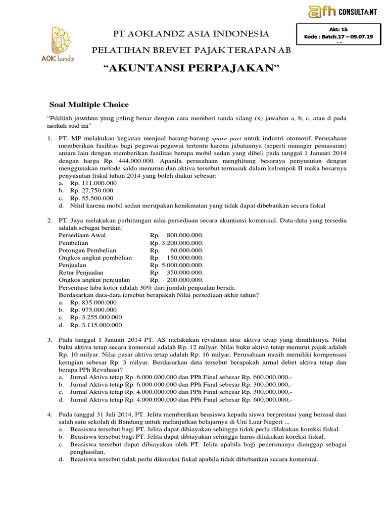 06 SOAL Akuntansi Perpajakan Pelatihan BREVET AB | PDF | Pengelolaan Keuangan & Uang