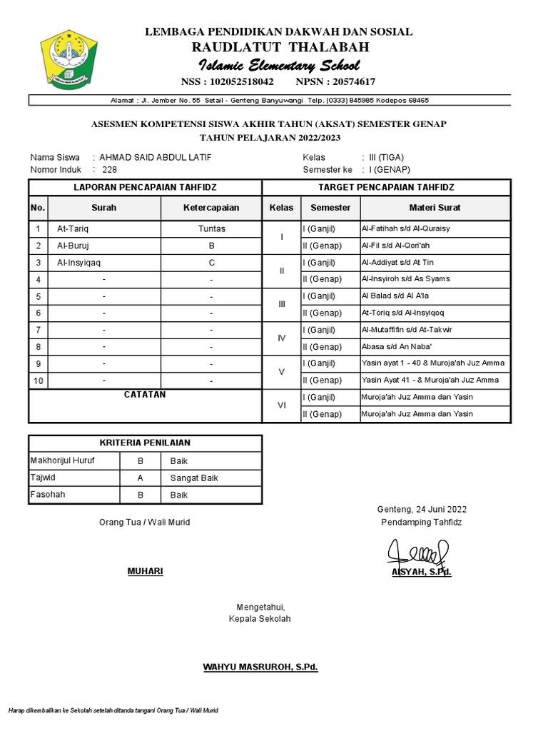 Raport Tahfidz | PDF