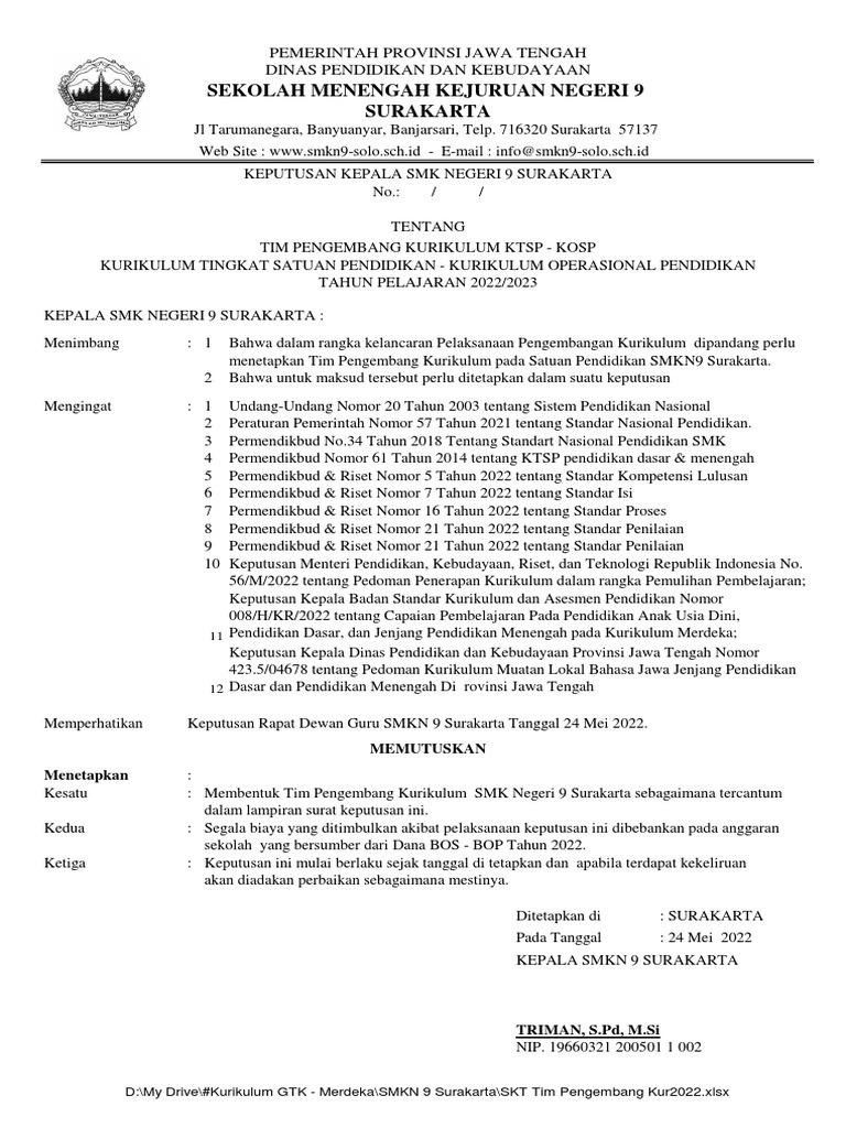 Draft SK Tim Pengembang Kurikulum 2022 | PDF