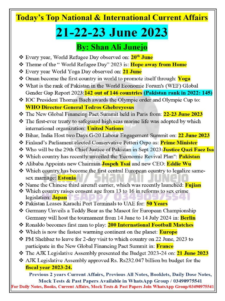 Today's Top Current Affairs National and International 20,21,22 23 June ...