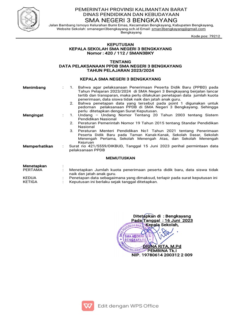 Data PPDB SMAN 3 Bengkayang 2023/2024 | PDF