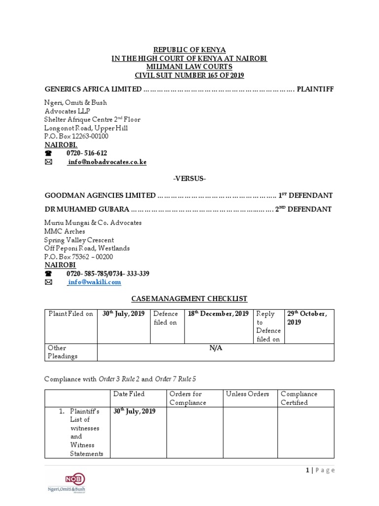 Generics Africa Limited - Case Management Checklist | PDF | Discovery ...