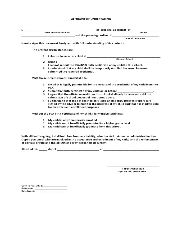 Affidavit of Undertaking Psa | PDF | Birth Certificate | Social ...